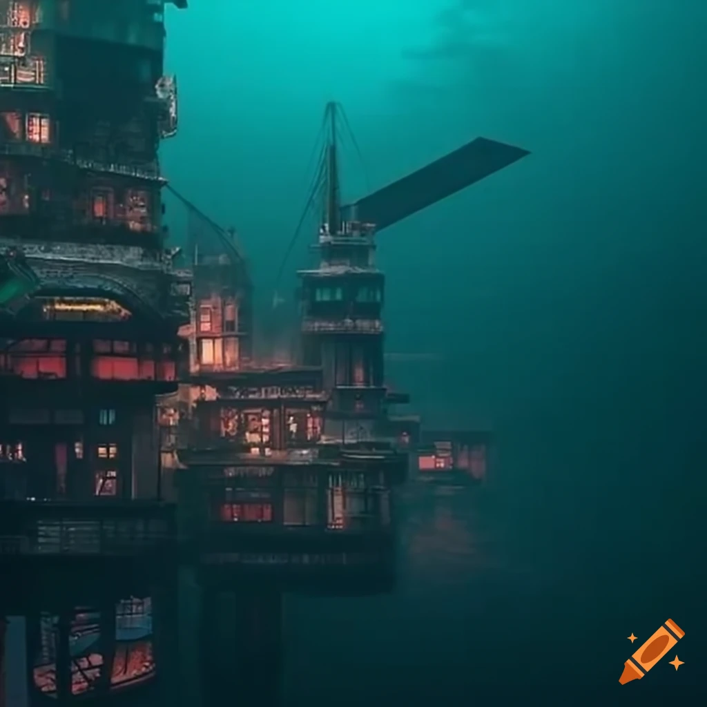 Image of a cyberpunk fishing town on an oil rig at sea on Craiyon