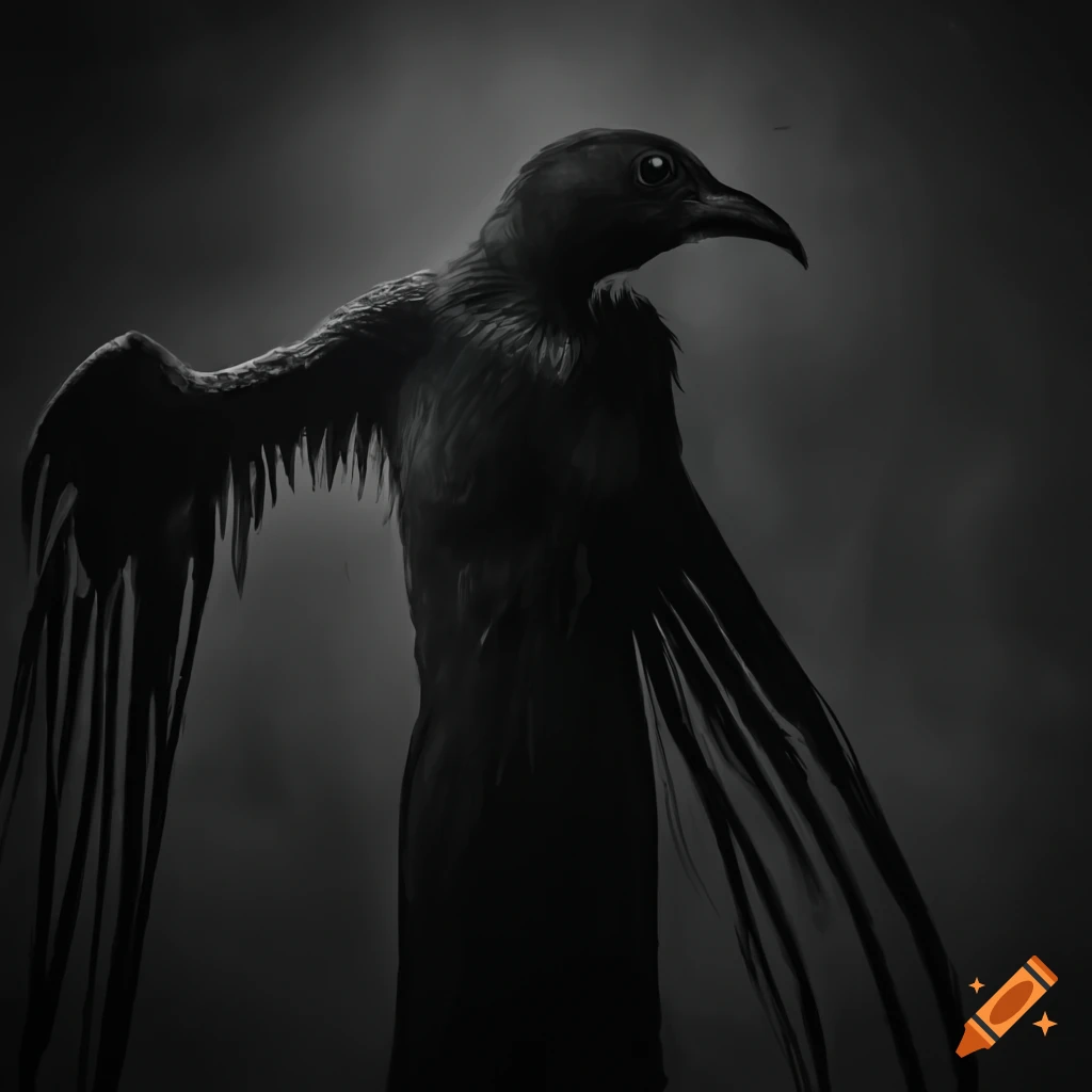 Dark fantasy illustration of a sinister black bird on Craiyon