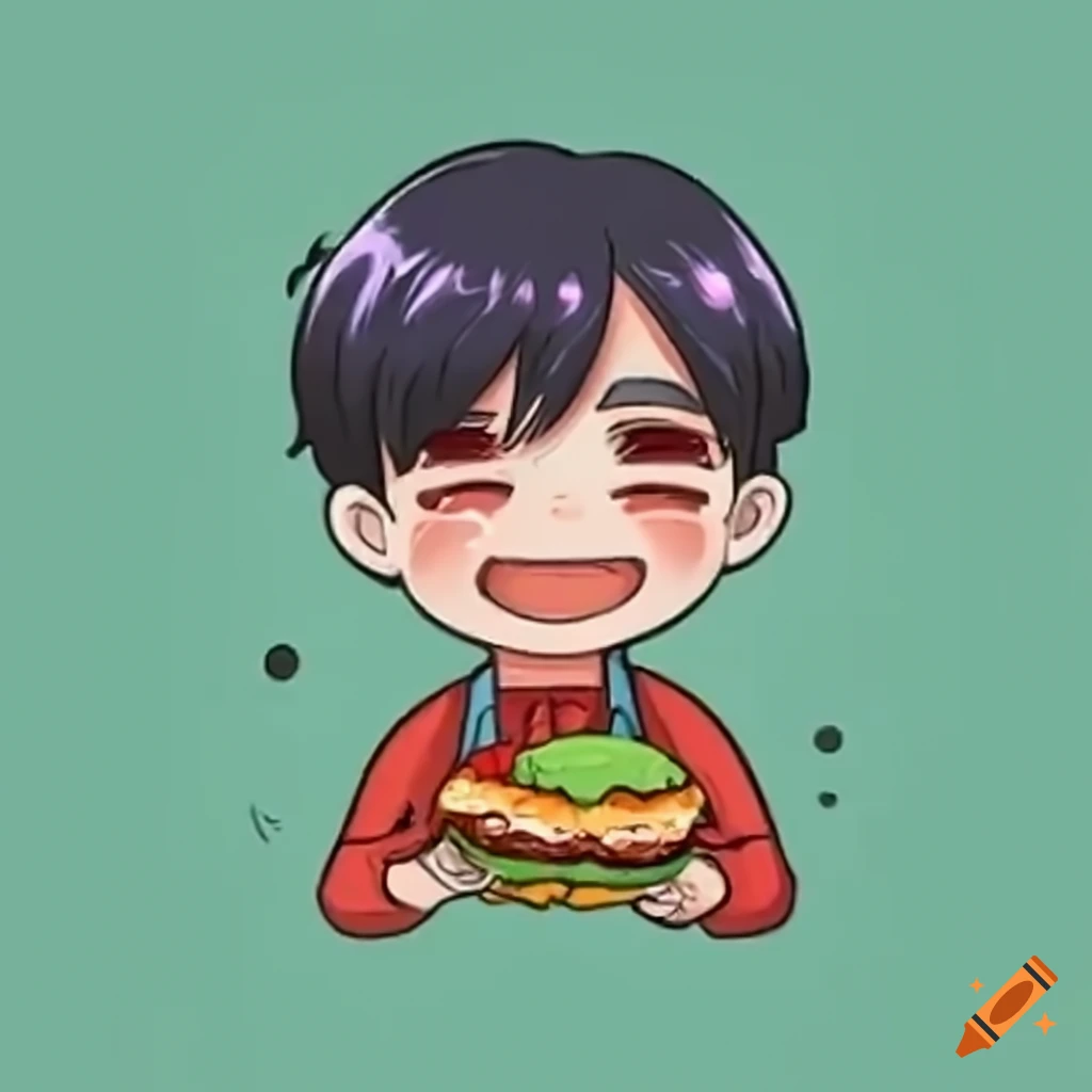 Friendly burger store worker with black hair and black eyes on Craiyon