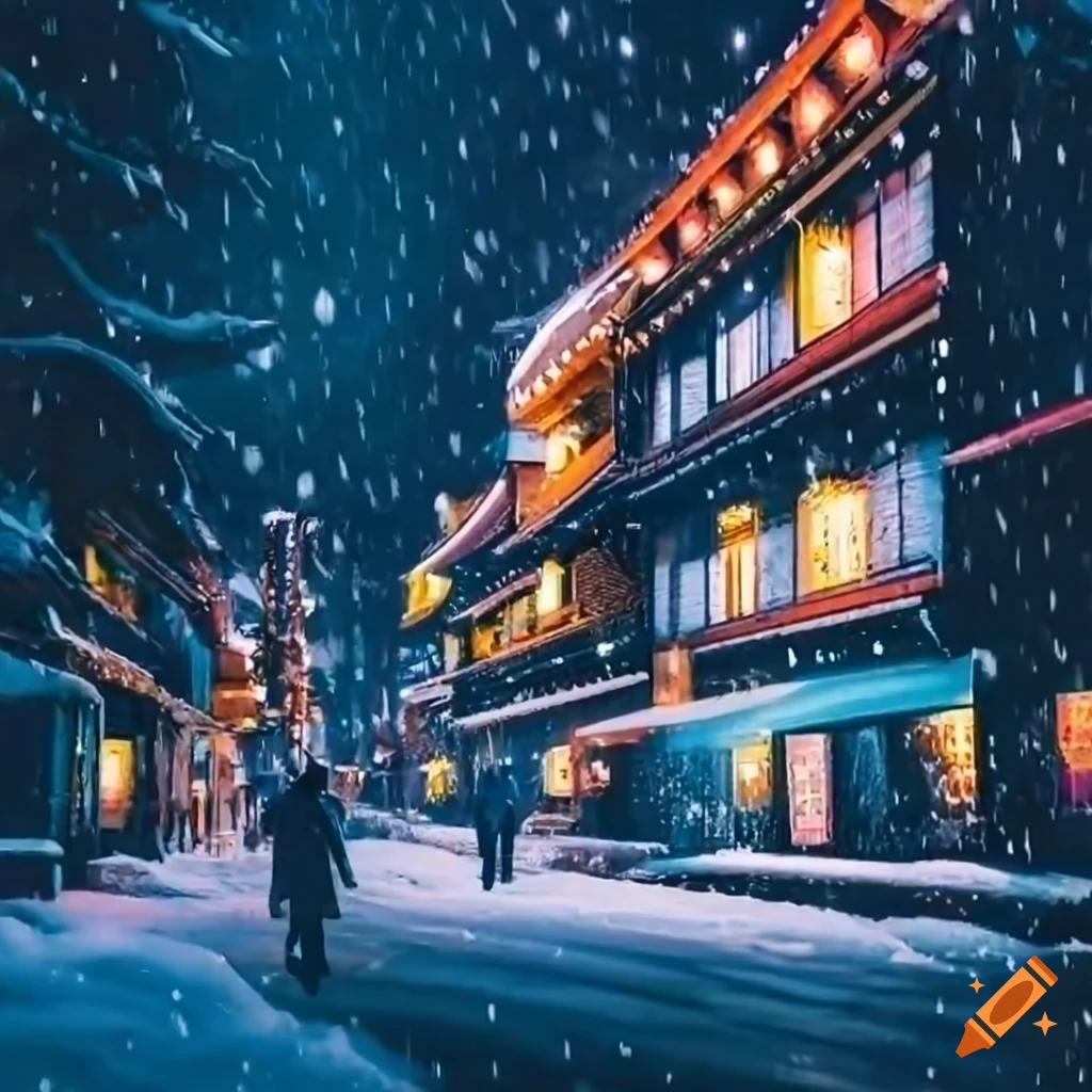 Osaka street view winter with cobblestone while snowing on Craiyon