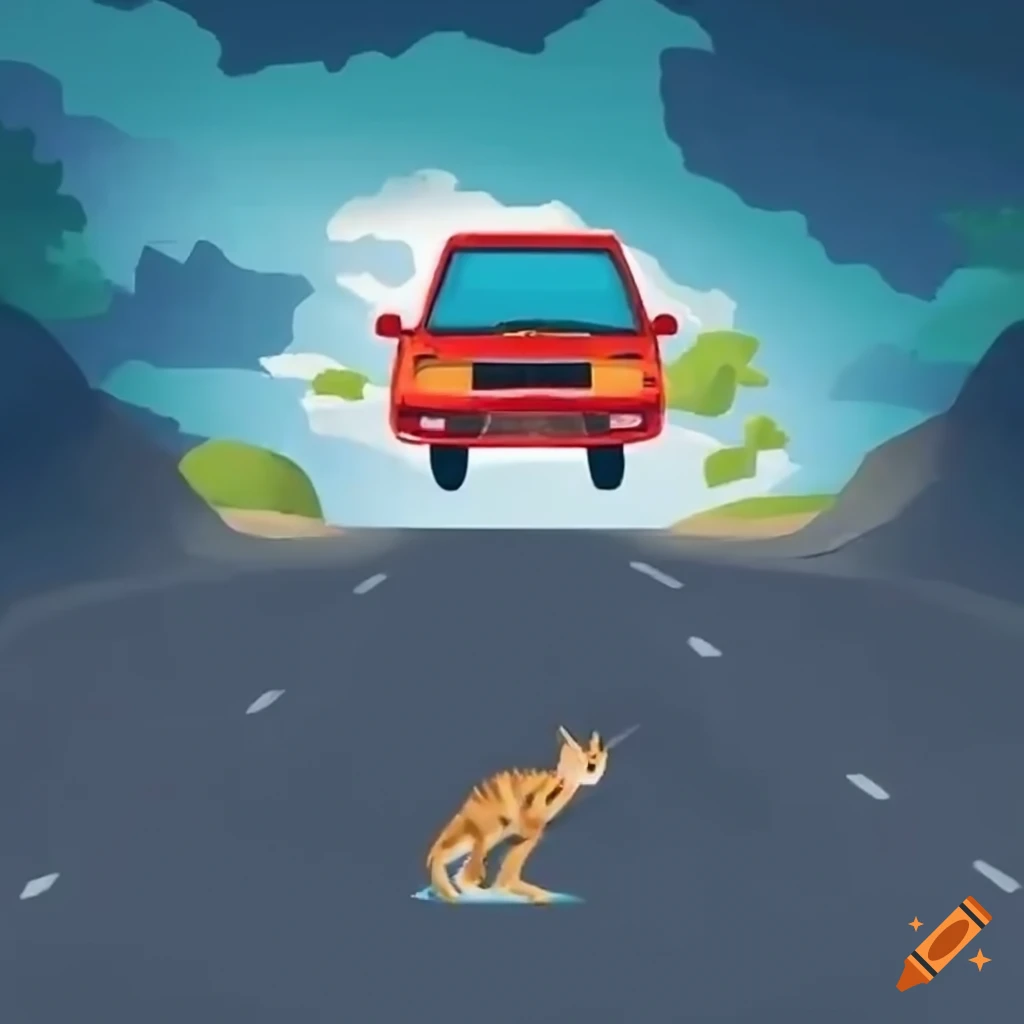 Dramatic scene of a car and cat on the road on Craiyon