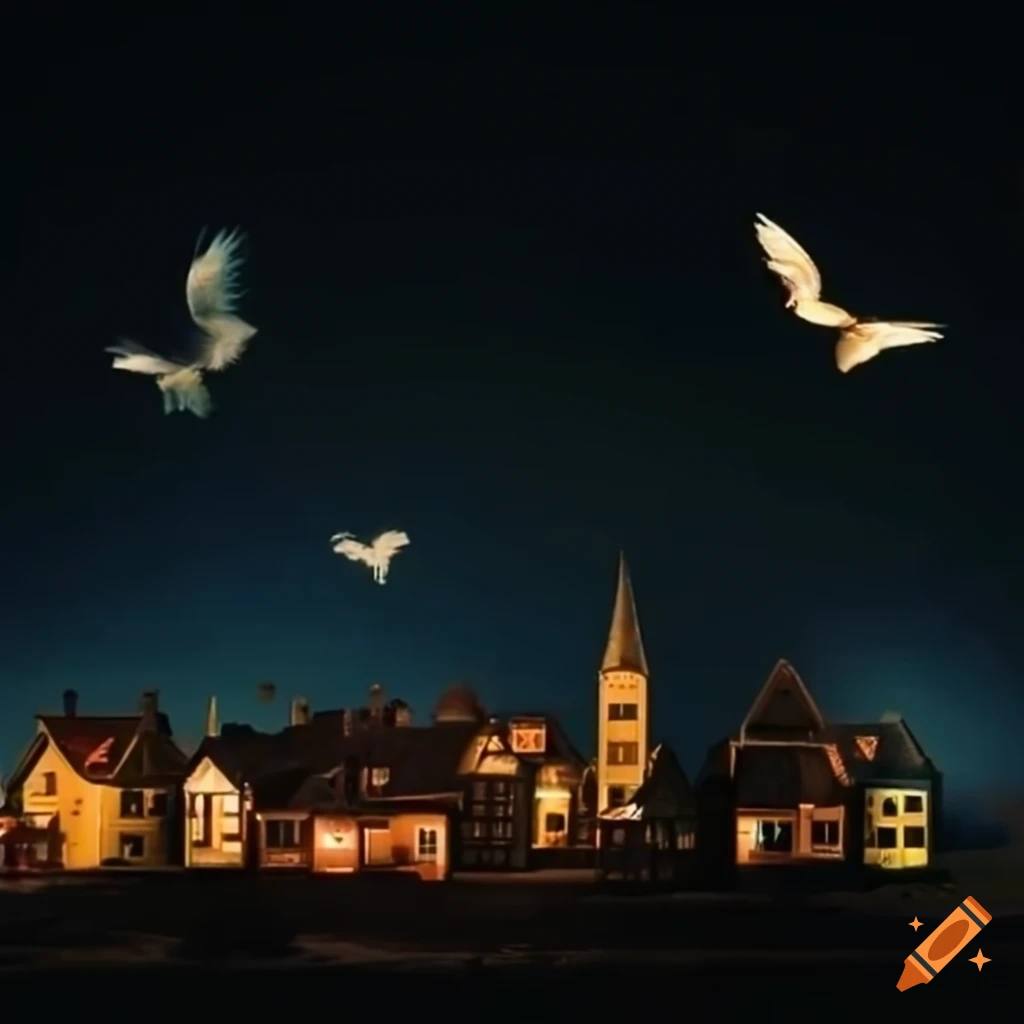 Birds flying over a beautifully lit fictional town on Craiyon