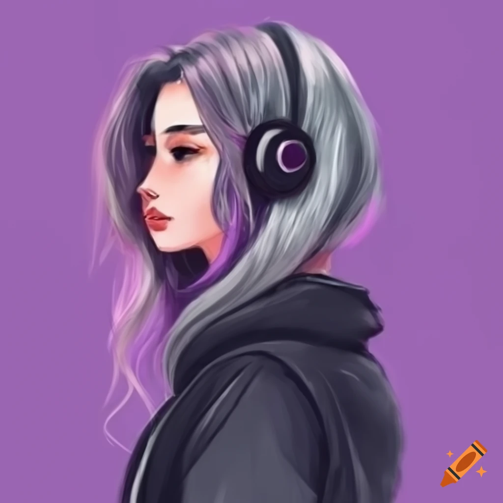 Hand drawn profile picture of a cozy gamer with purple and grey hair on ...