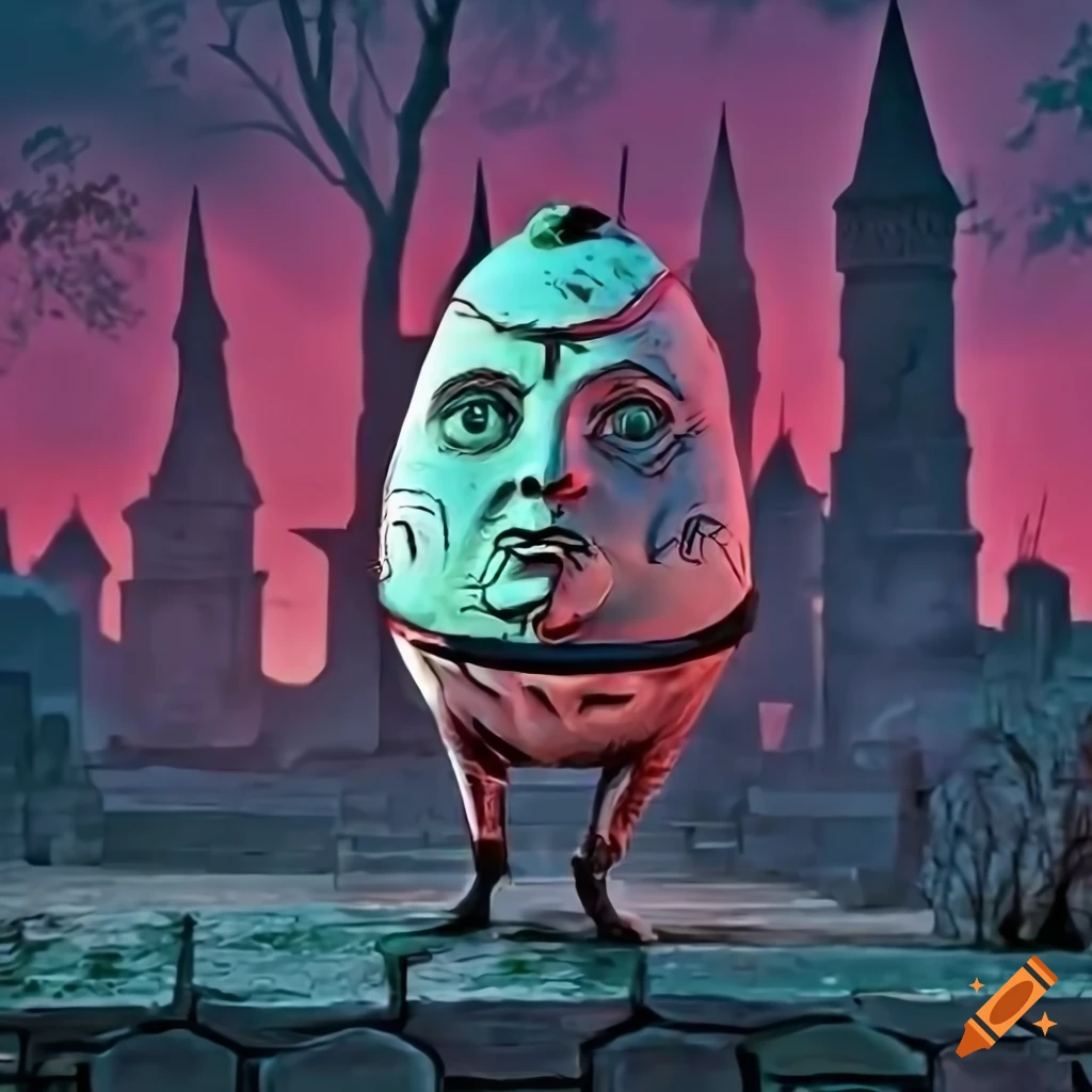 Sculpture of fat humpty dumpty in a cemetery under pink light on Craiyon