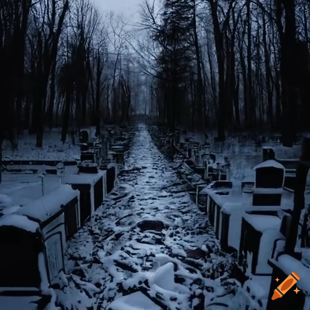 Street photography of a winter cemetery path