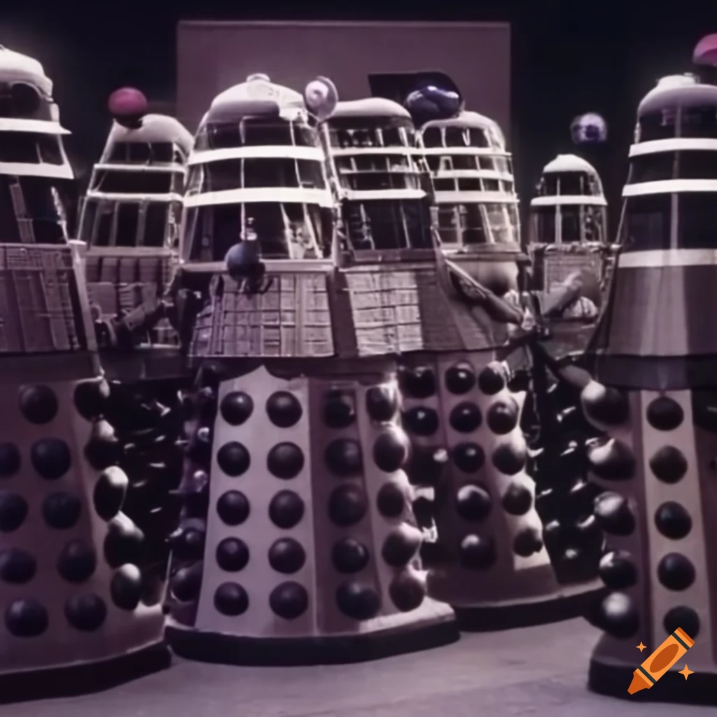 1980s doctor who scene: blacklight terrarium of the daleks on Craiyon