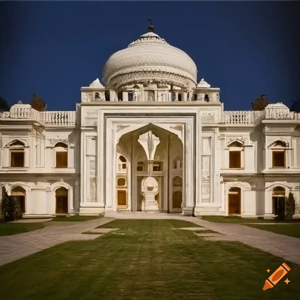 Frontal view of a Mughal-style white palace on Craiyon