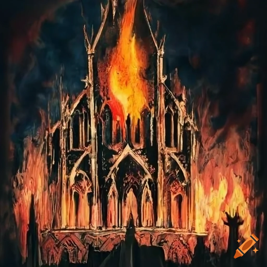 Ink artwork of a cathedral on fire on Craiyon