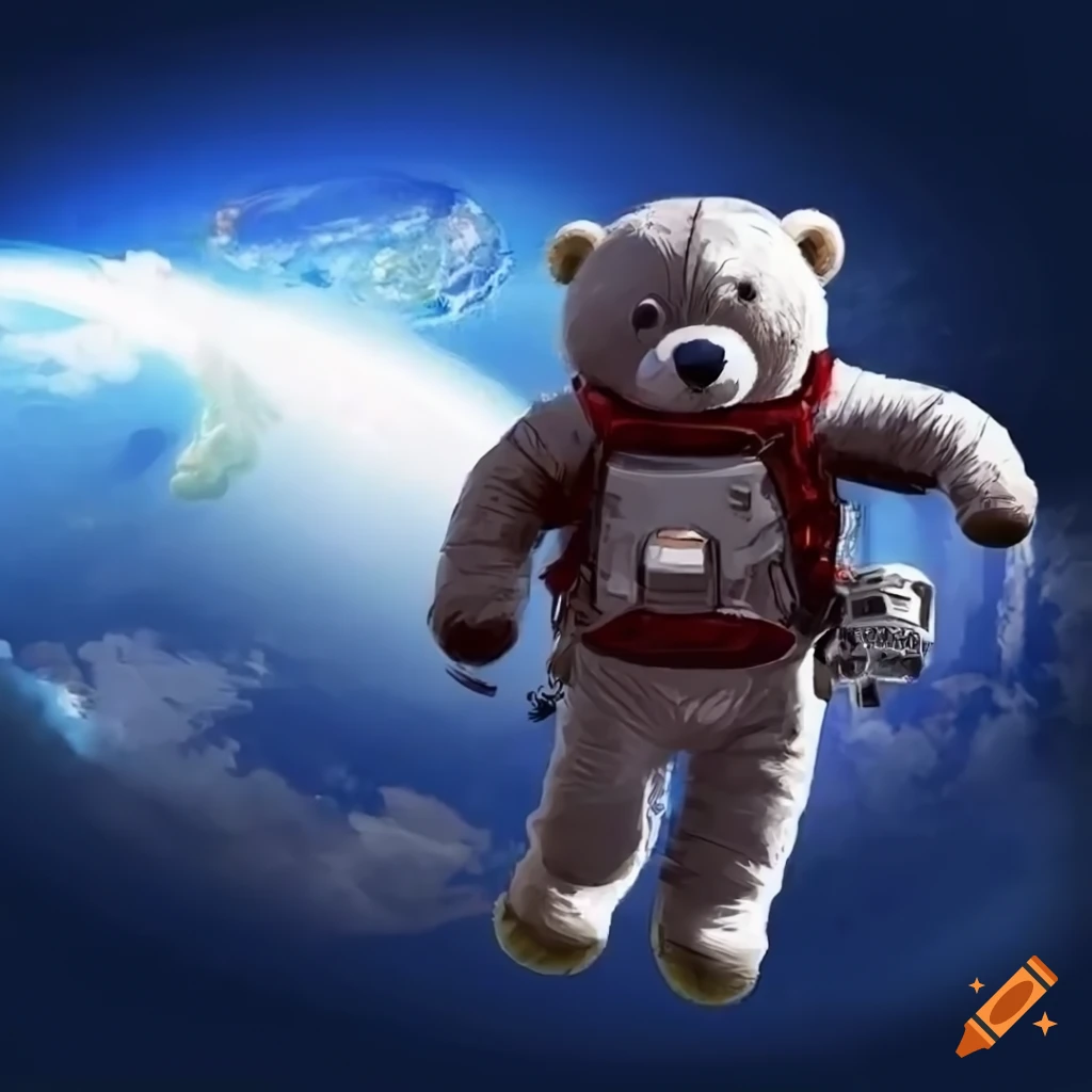 Adorable bear in a space suit with earth backdrop