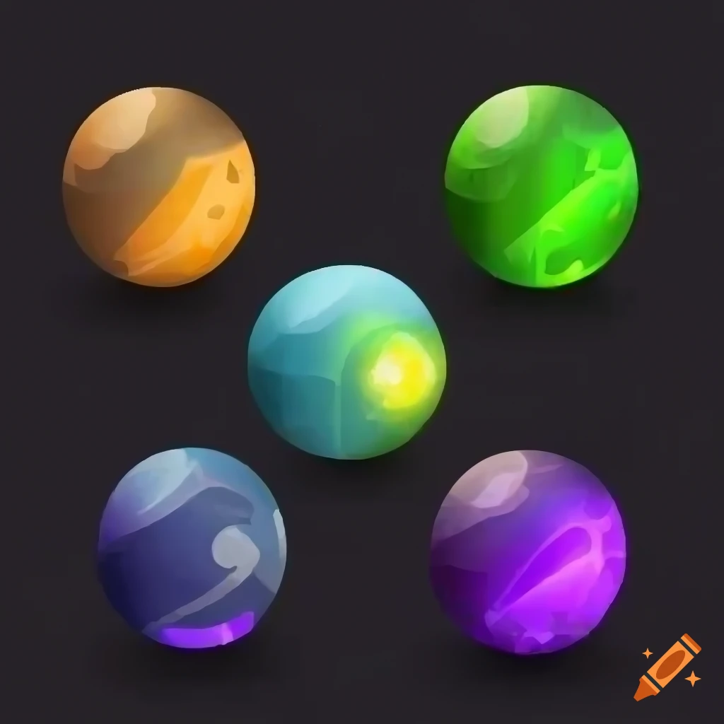 Spritesheet of sleek rpg orb icons on black background