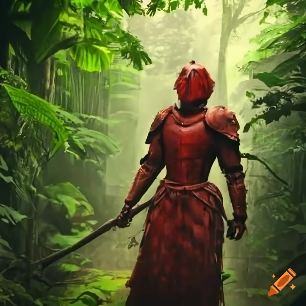 Jungle in the rain with a person in red armor