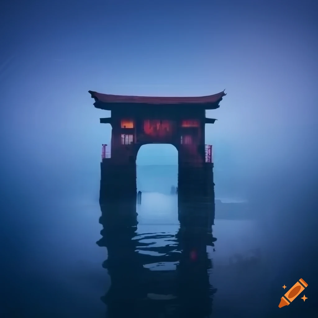 Cyberpunk cityscape with torri gate in shallow water on Craiyon