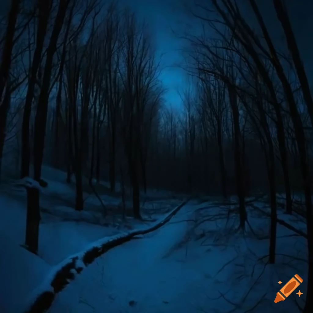 Fisheye view of a winter path with railway under a dark sky on Craiyon