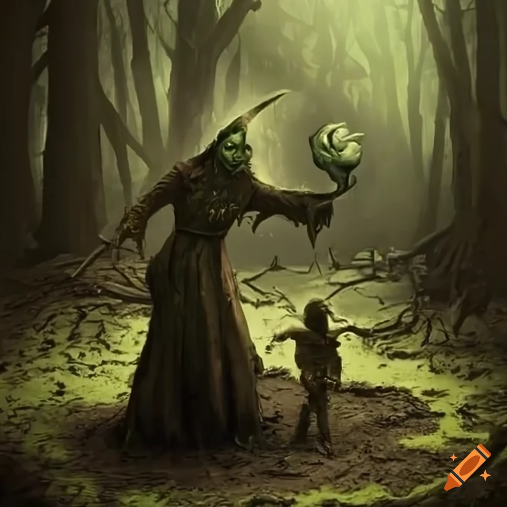 Wizard throwing mud at a goblin in the woods