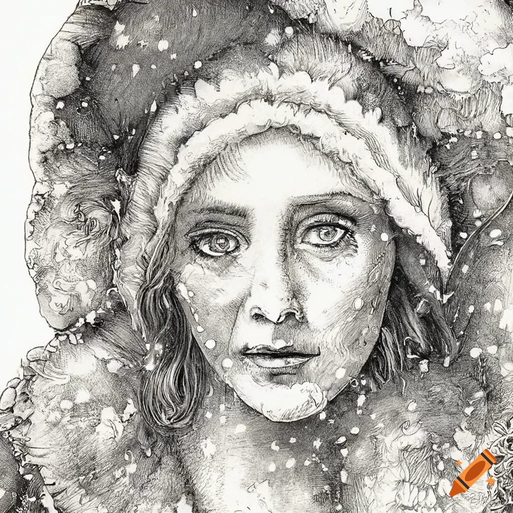 Ink drawing of a witch in winter clothing on Craiyon