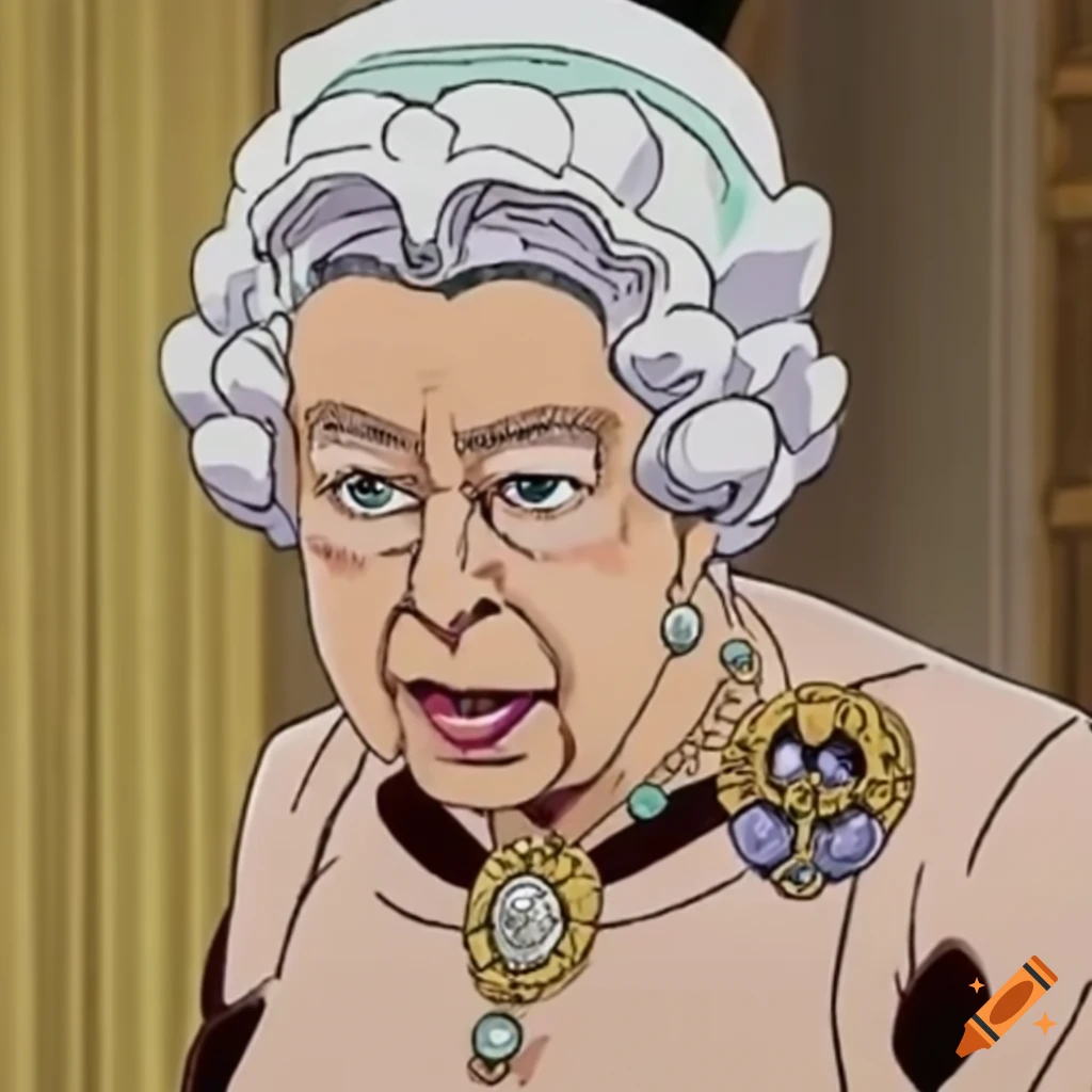 Queen elizabeth ii in jojo's bizarre adventure art style on Craiyon