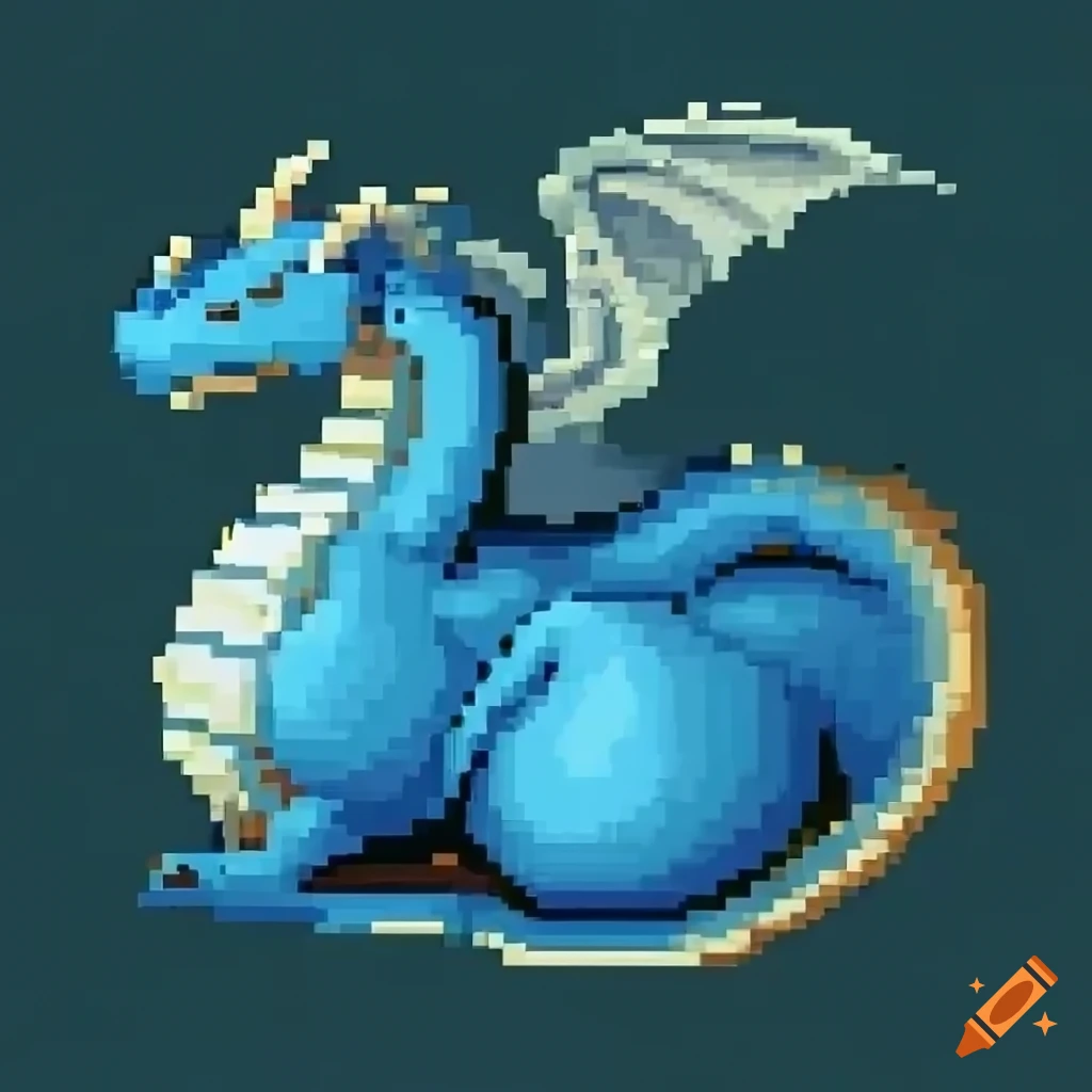 Pixel art of a blue serpent beak dragon on Craiyon