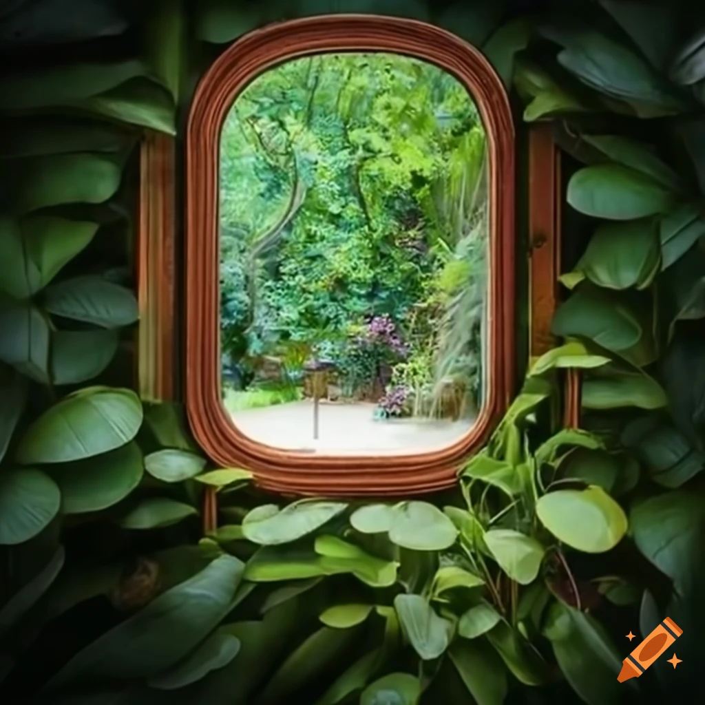 View of a garden with grass, fish pond and wheelbarrow through a window ...