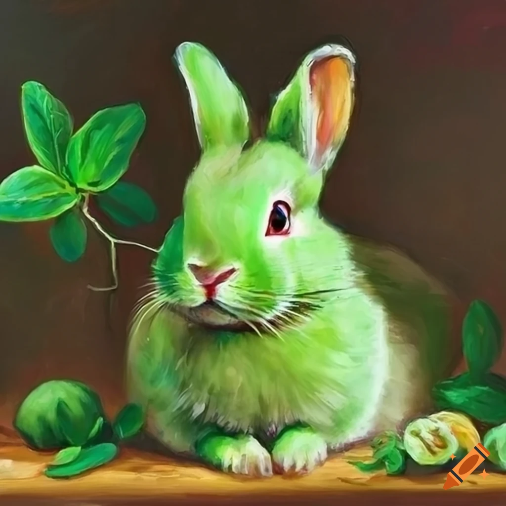 Oil painting of a green bunny with mint leaves on Craiyon