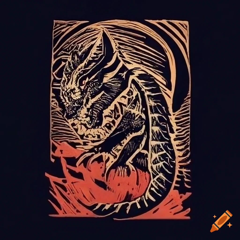 Linocut of a dragon in black and white on Craiyon