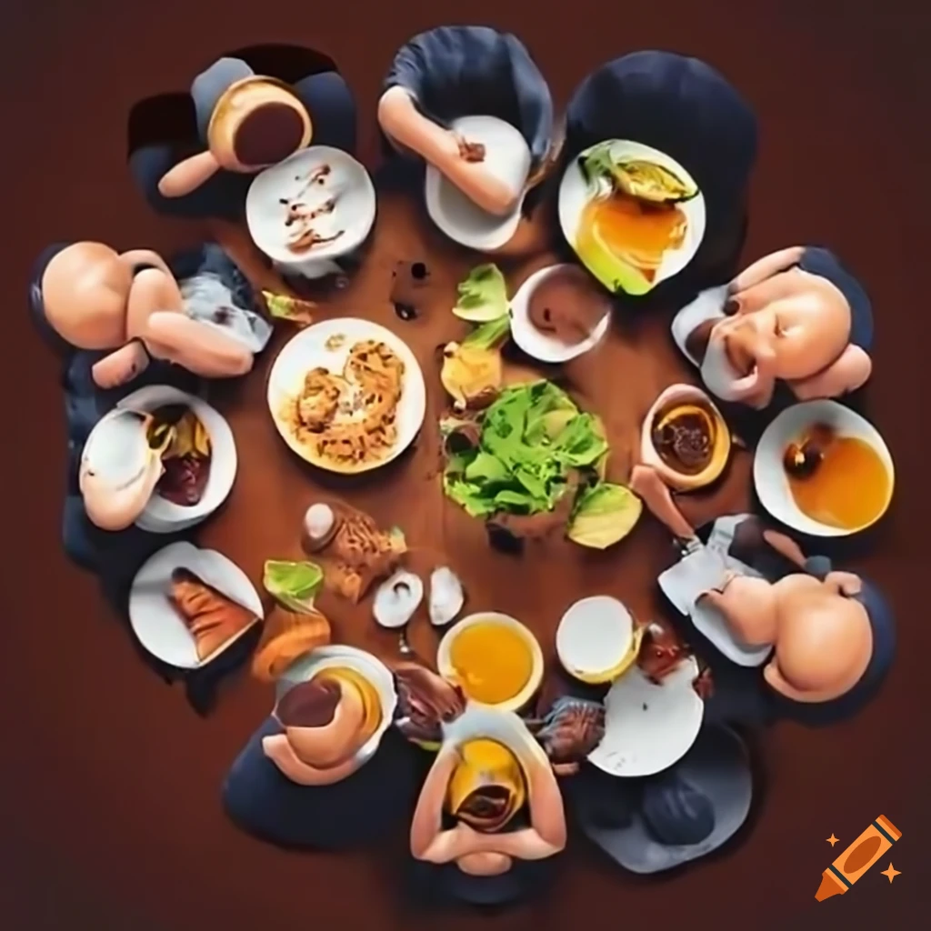 Engineers drooling over a table full of food on Craiyon