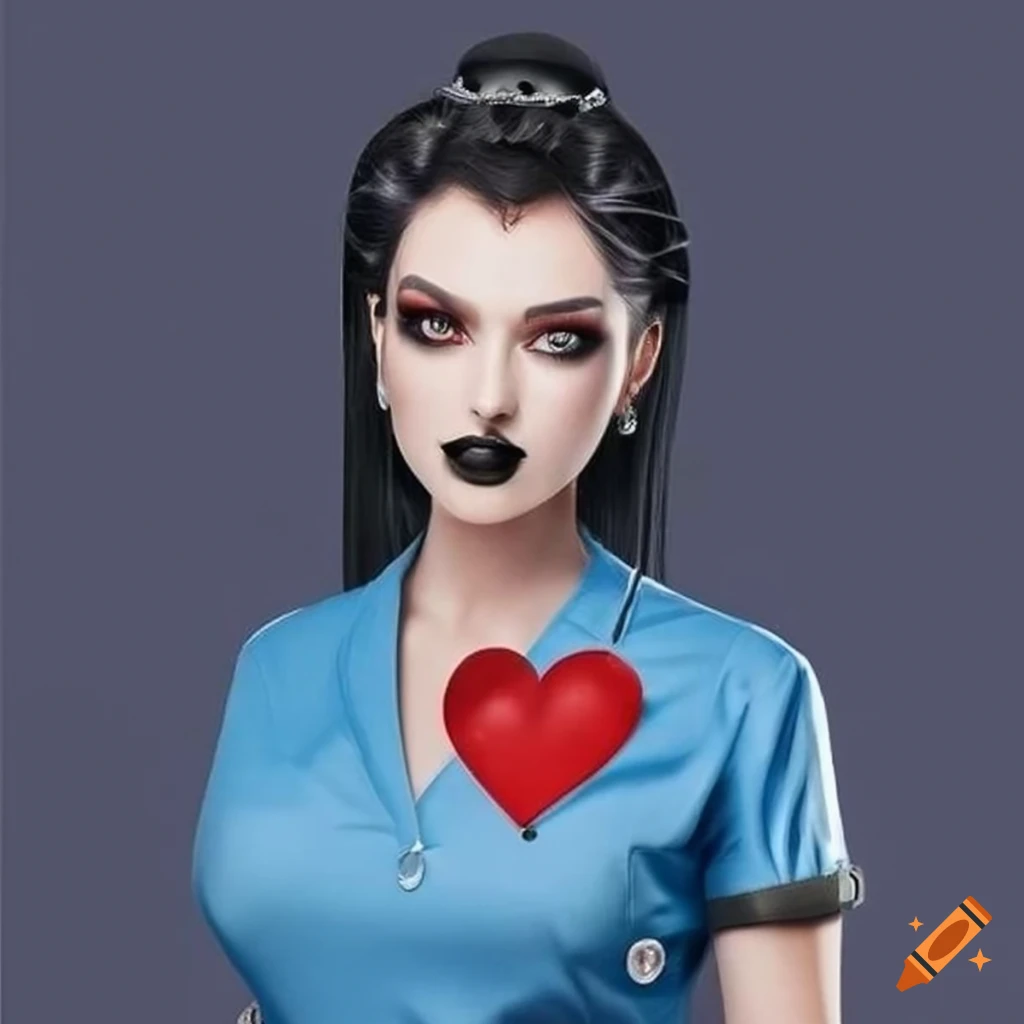 Goth woman in nurse uniform holding realistic heart