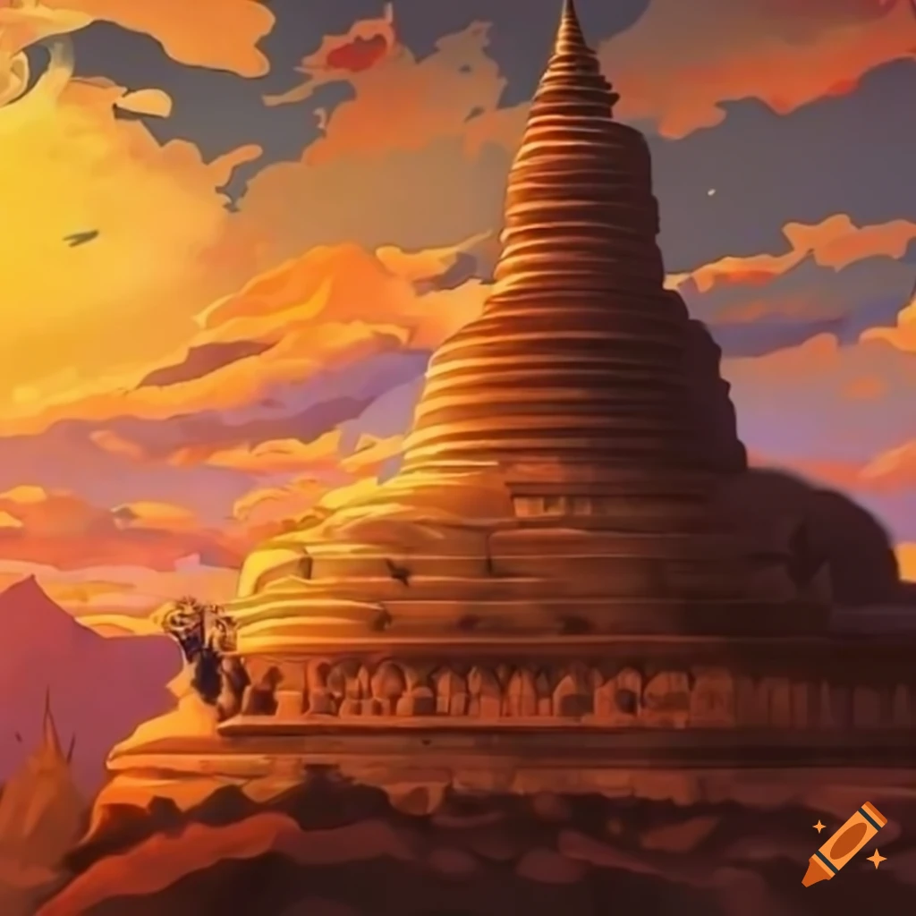 Animation of gods and goddesses at the grand temple entrance in anime ...