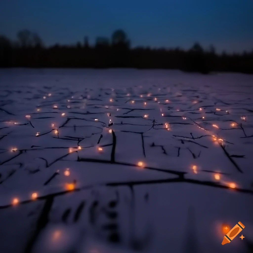 Fantasy landscape with glowing runes on icy ground