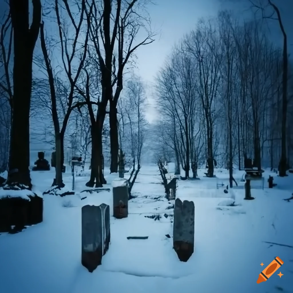 Fisheye view of a cemetery in winter on Craiyon