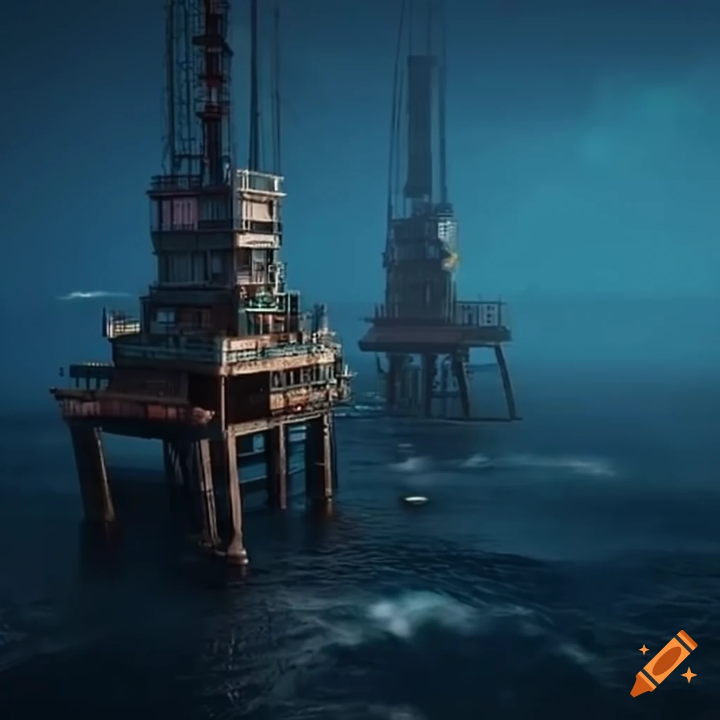 Image of a cyberpunk fishing town on an oil rig at sea on Craiyon
