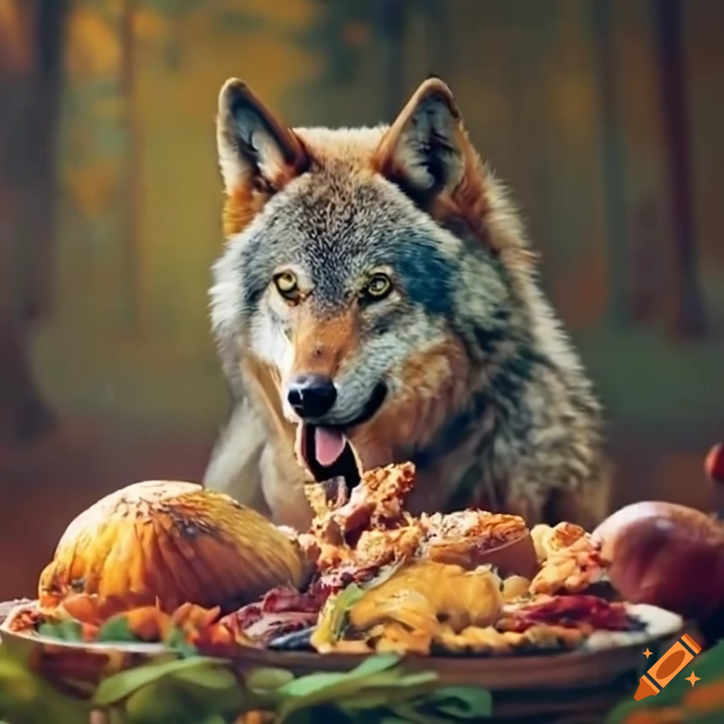 Wolf enjoying thanksgiving meal