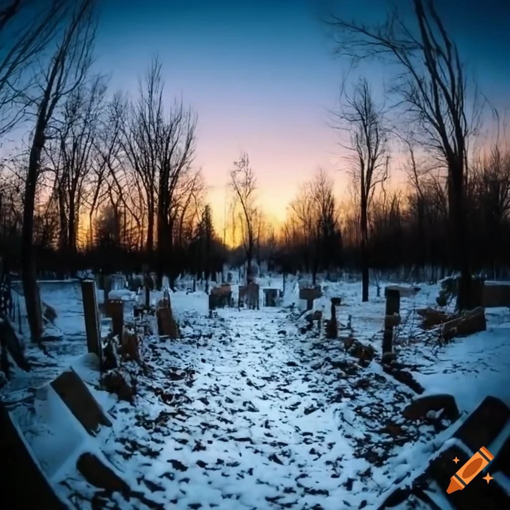 Sunset at a snowy cemetery on Craiyon