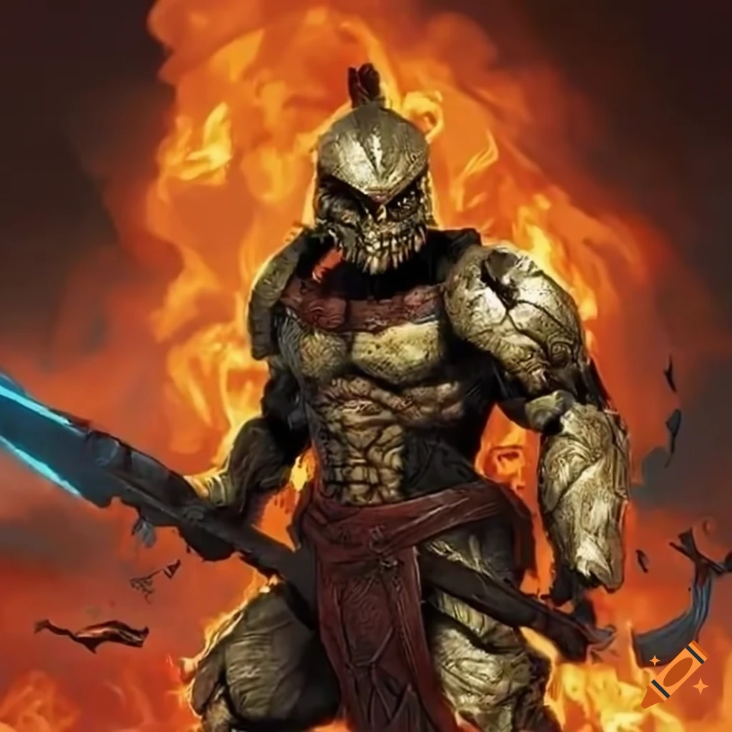 Mad Martigan in a fiery battlefield on Craiyon