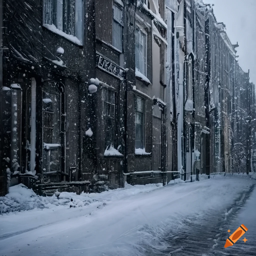 Snowy city street at night with a tv shop on Craiyon