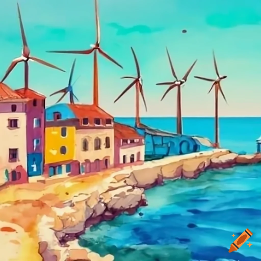 Seaside fishing town with wind turbines in the distance on Craiyon