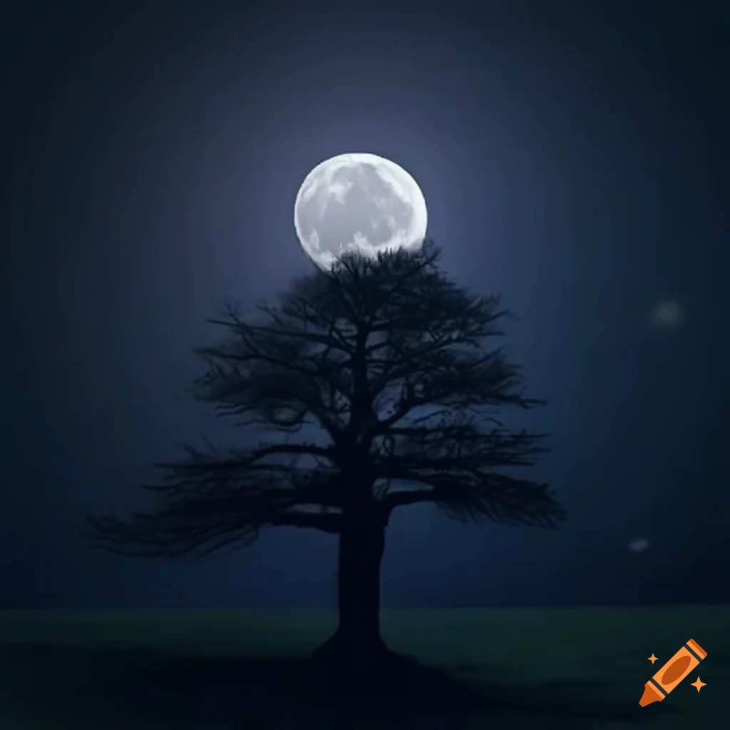 Artistic representation of a night sky with moons and people