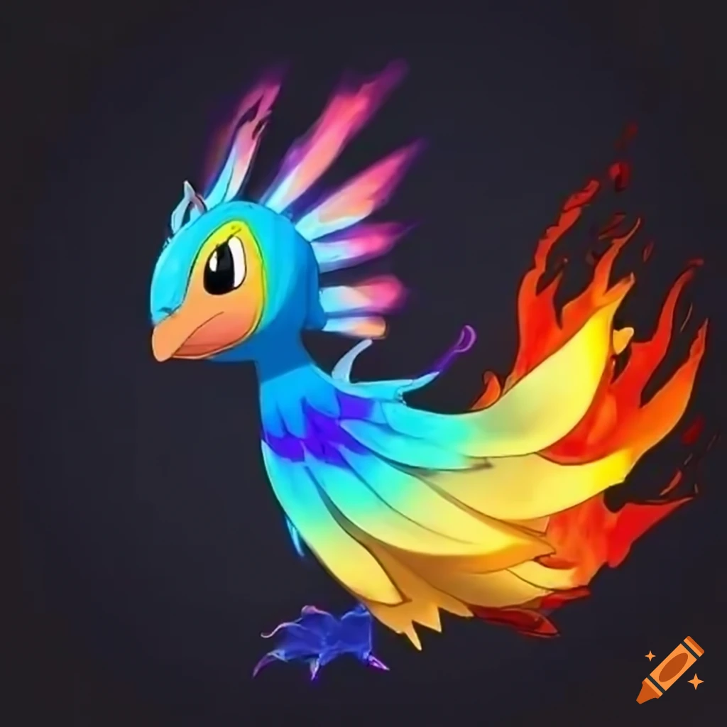 Fan art of a fiery peacock pokémon with rainbow wings