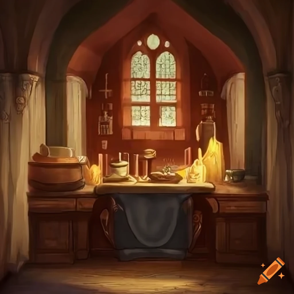 Fantasy dnd art of a kitchen in a church