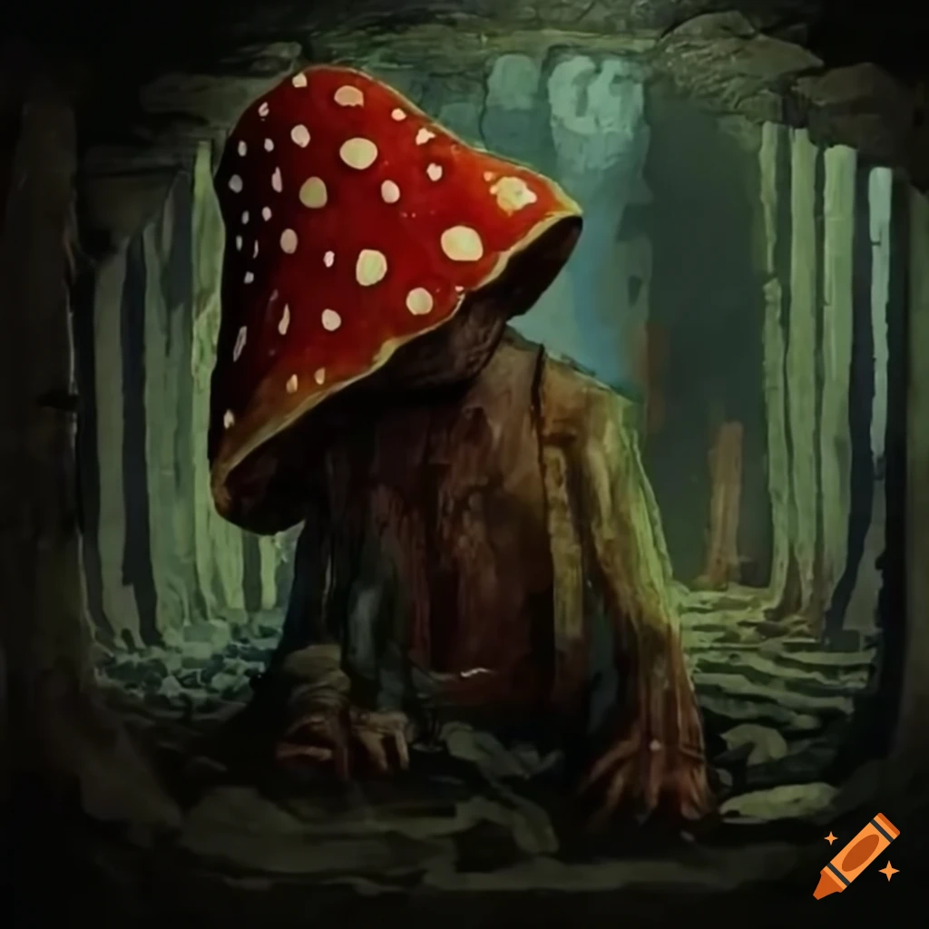 Mysterious underground mushroom man in a mineshaft