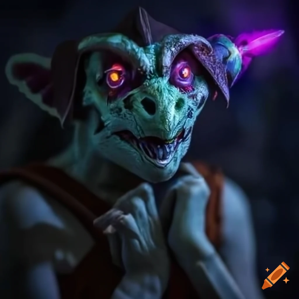 Detailed depiction of a Kobold warlock with glowing eyes on Craiyon