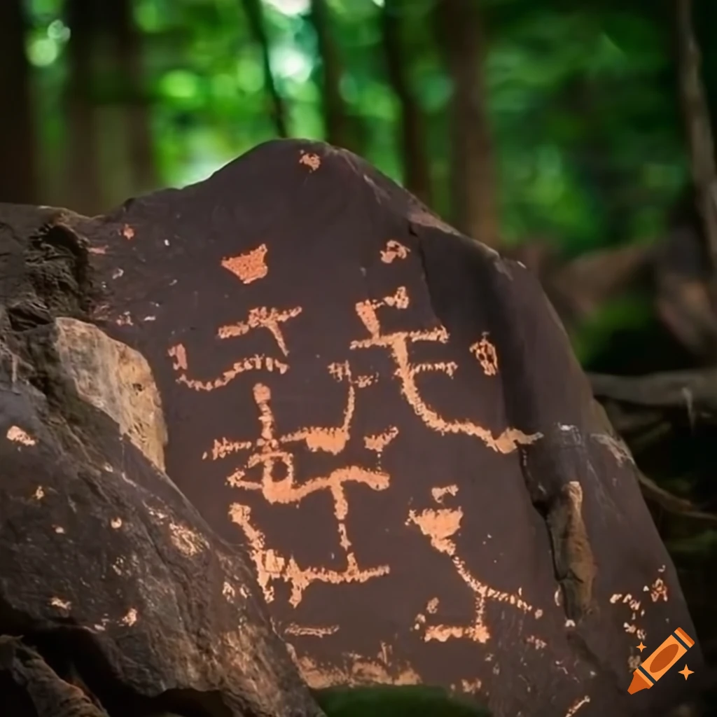 Ancient moss-covered petroglyphs in a spruce forest depicting camunnian ...
