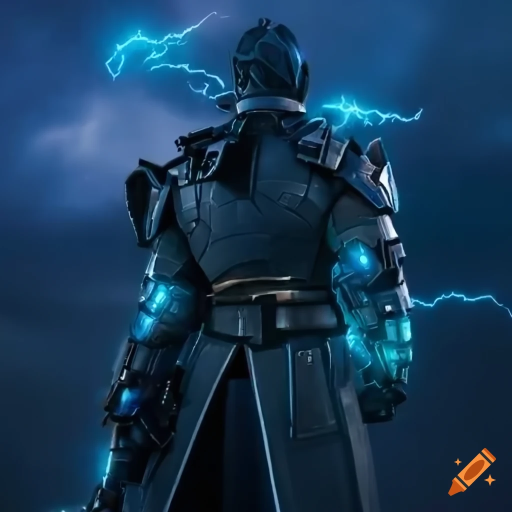 Electrified artificer in dark blue armor on Craiyon
