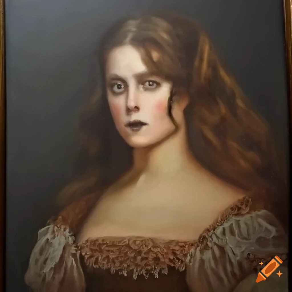 Framed oil painting of a spooky Victorian woman on Craiyon