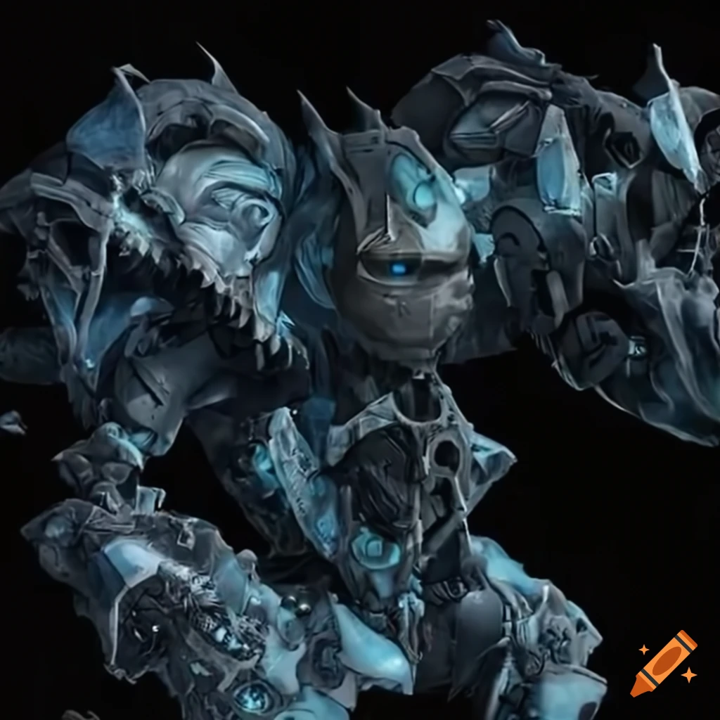 Fantasy art of a frozen mech suit controlled by a tiefling on Craiyon