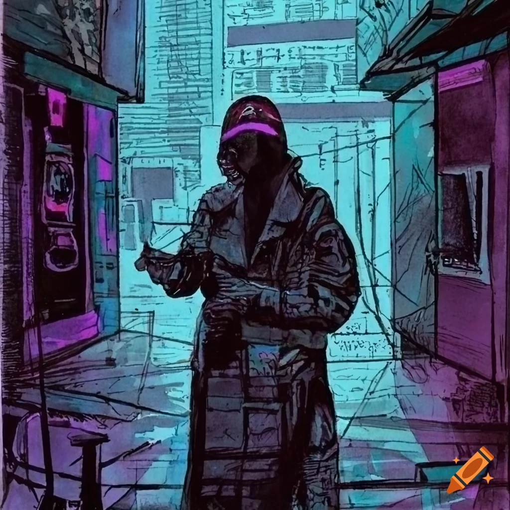 Neo-noir cyberpunk portrait in ink and watercolor on Craiyon