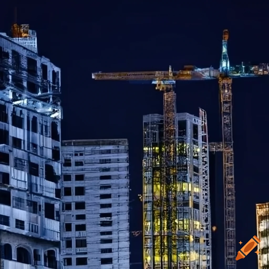 Modern buildings under construction with sunshine on Craiyon