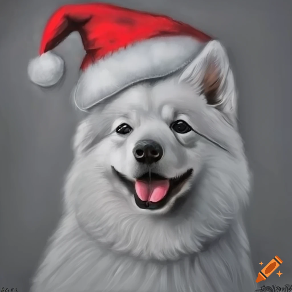 Hyper realistic drawing of a samoyed puppy in a santa hat
