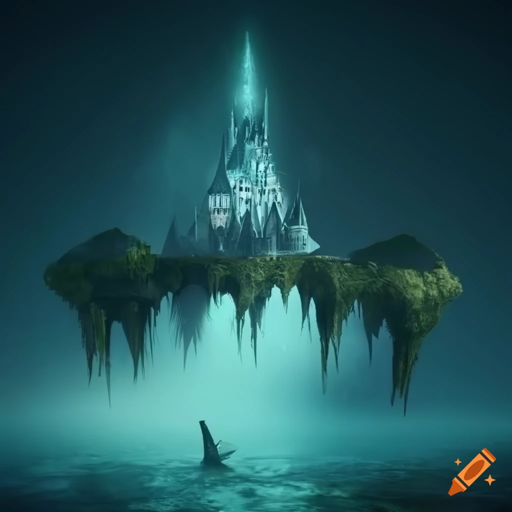 Drawing of a mystical floating island with a steampunk castle on Craiyon