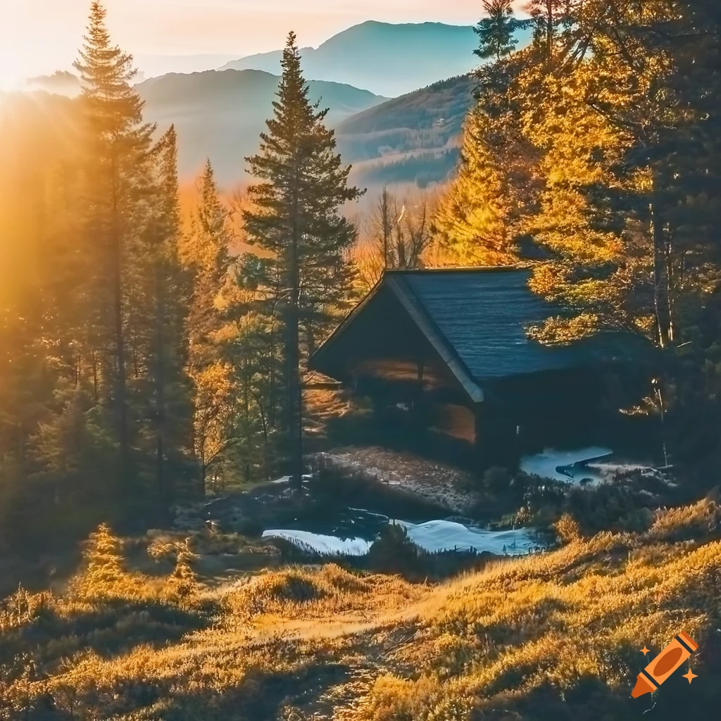 Sunset over a cozy cabin in the mountains on Craiyon
