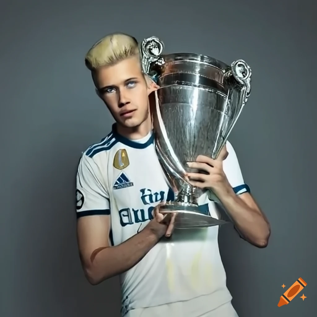 Real Madrid fan celebrating with the Champions League trophy on Craiyon